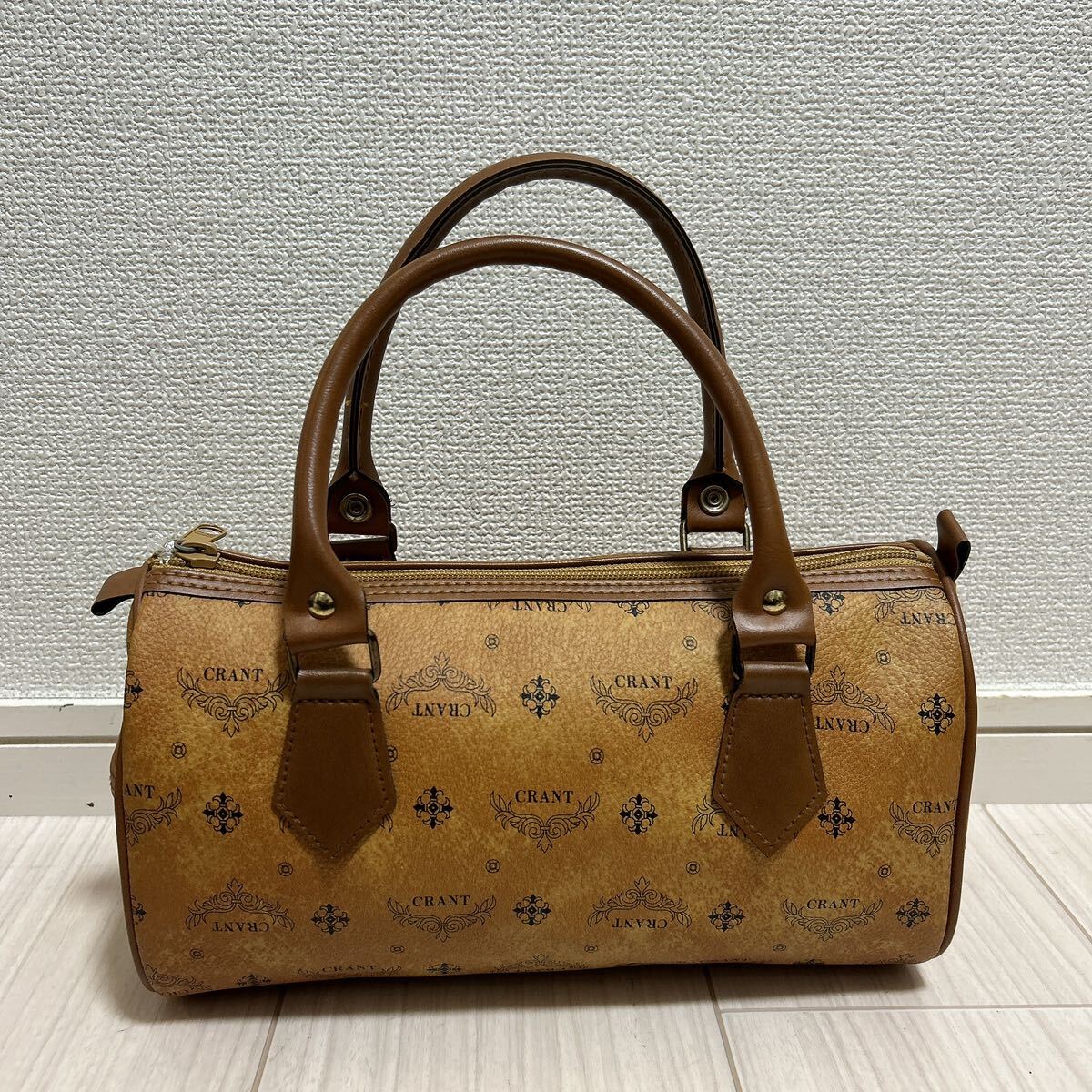 【やや傷や汚れあり】CRANT レディース ハンドバッグ トートバッグ ミニボストンバッグ パーティーバッグ レザー 総柄 ブラウン ベージュ ...
