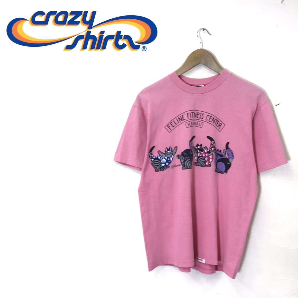 【やや傷や汚れあり】R1449-U-N アメリカ製 crazy shirts クレイジーシャツ Tシャツ 半袖 猫プリント フィットネス ...
