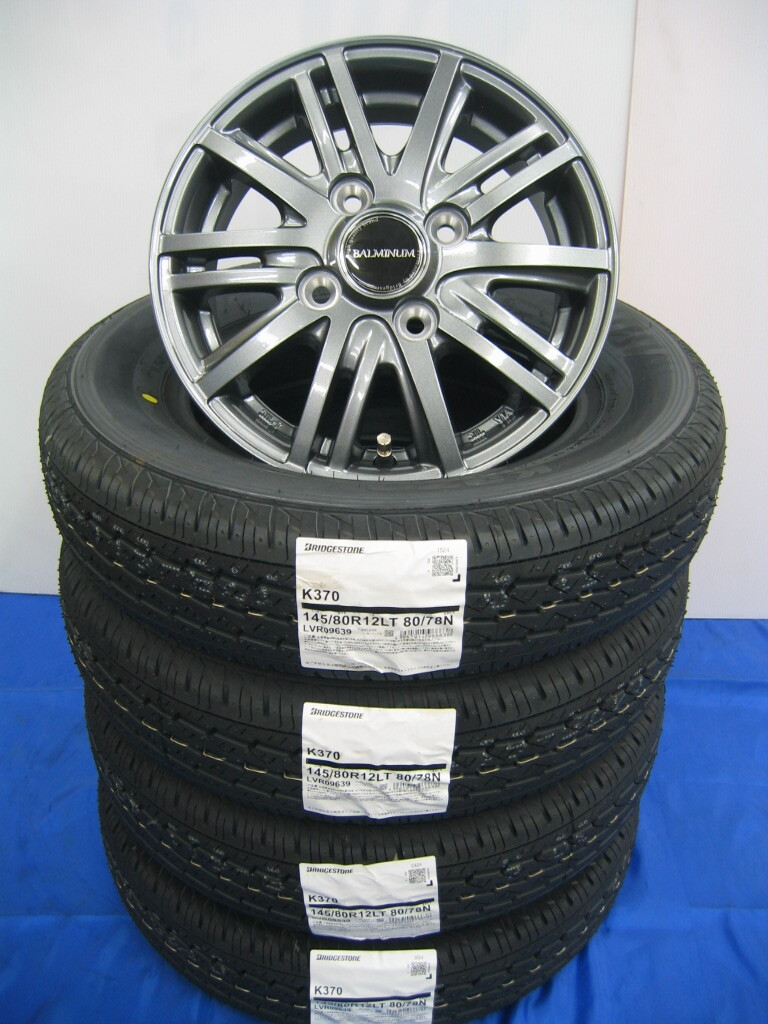 【未使用】ブリヂストン サマー タイヤ K370 145/80R12 145/80-12 80/78N LT & アルミホイール セット 新品 4本 即納 軽バン 軽トラック用 自宅配送OKの ...