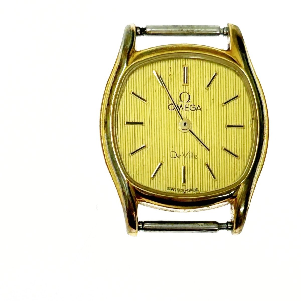 【全体的に状態が悪い】【1円スタート】【箱付き】OMEGA オメガ デビル GP×SS ゴールド文字盤 プッシュ式 クオーツ レディース腕時計 ...