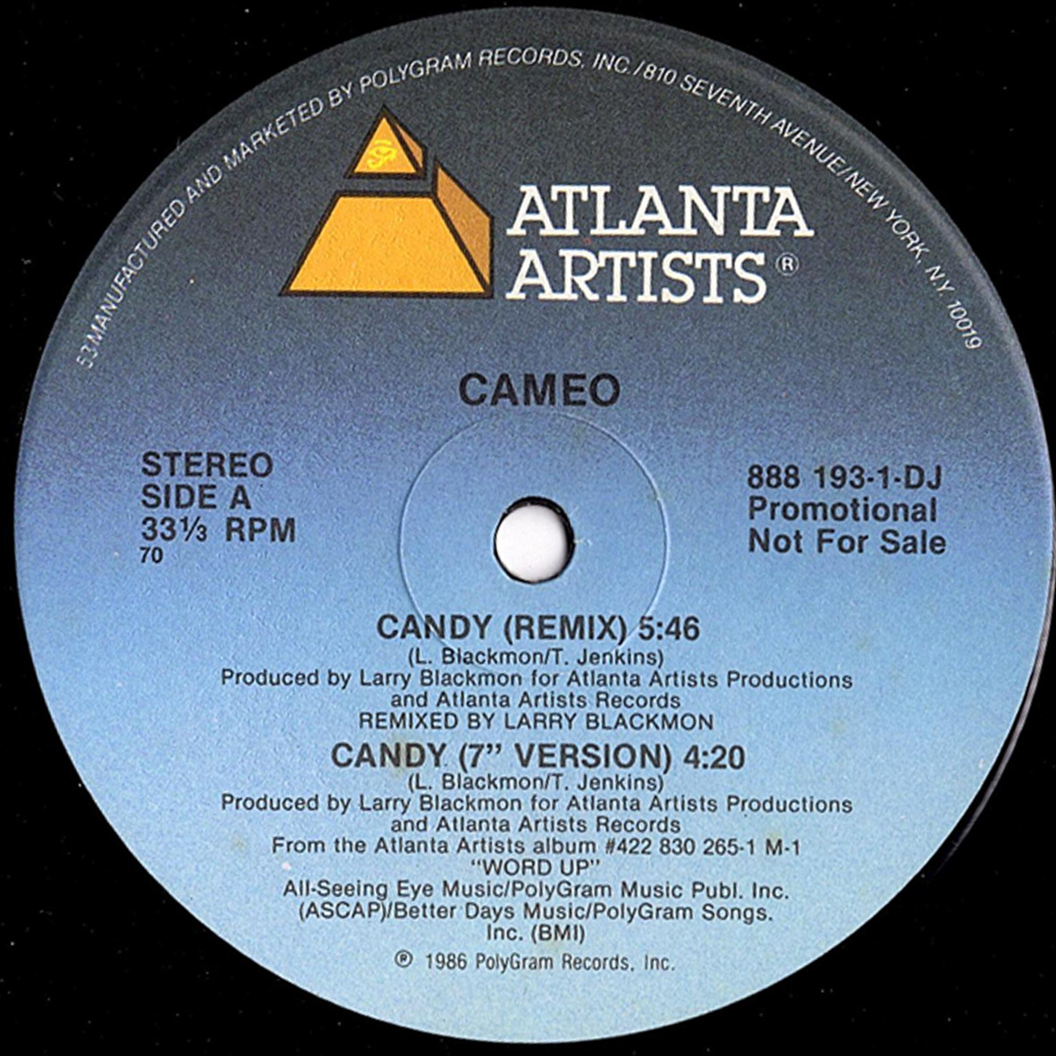 【やや傷や汚れあり】【587】 プロモ/ソウル/ダンクラ/ディスコ12’’ Cameo「Candy」Atlanta Artists 888 ...