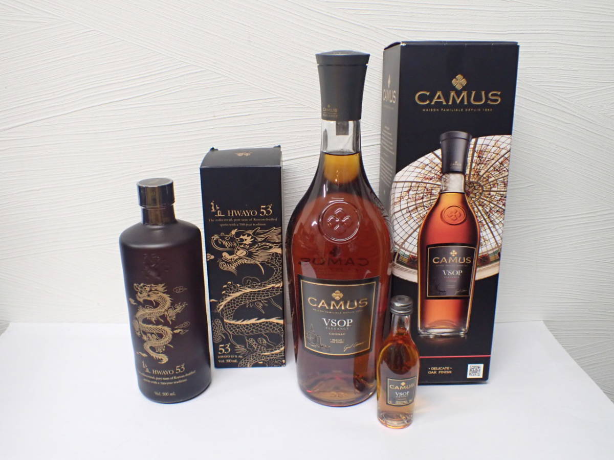 【やや傷や汚れあり】YH072 ①カミュVSOPエレガンス コニャック 1リットル アルコール度数40％（ミニボトル付き） ②ファヨ53 500ml アルコール度数53％の落札情報詳細 ...