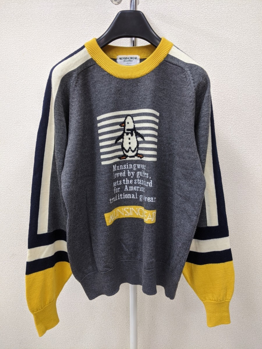 【やや傷や汚れあり】4．マンシングウェア フロントデカロゴ フロント、デザインウールニットセーターゴルフウェアメンズLグレーアイボリー系黄色ネイビーy203の落札情報詳細 - Yahoo ...