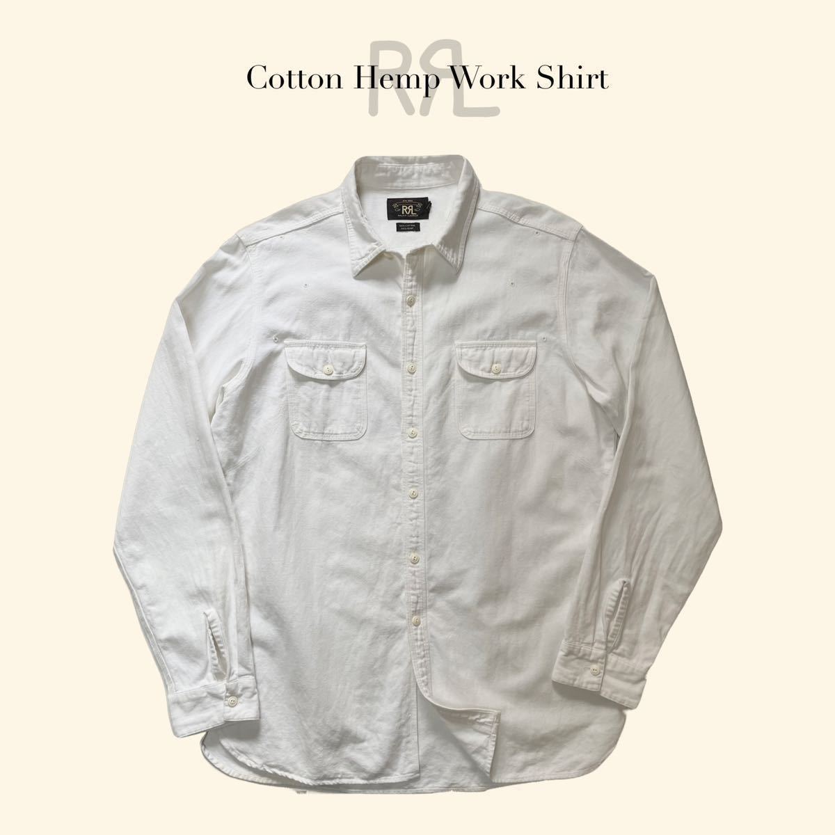 【目立った傷や汚れなし】RRL “Cotton Hemp Work Shirt” L XL 麻 ヘンプ リネン ワーク シャツ 白 ホワイト ...