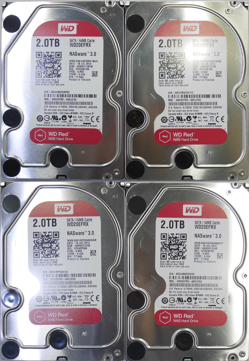 【目立った傷や汚れなし】2TB 4個セット WesternDigital WD Red WD20EFRX/3.5inch/SATA/高耐久性/NASware 3.0/18 JUL 2014 ...