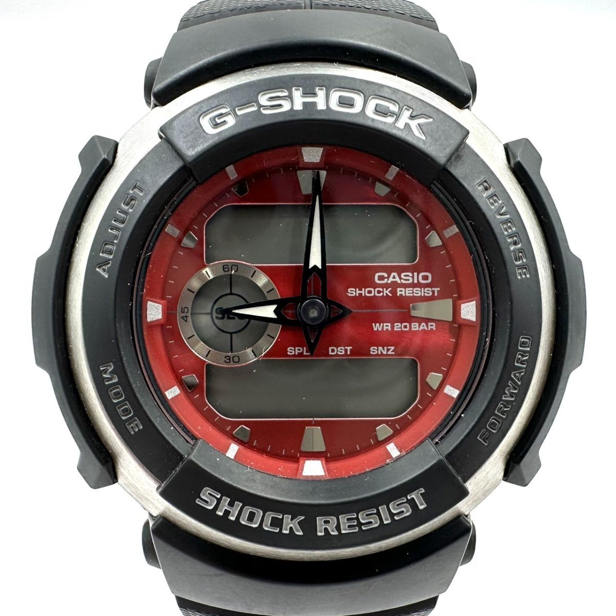 【傷や汚れあり】O146-000-000 CASIO カシオ G-SHOCK ジーショック G-300 3750 クォーツ アナデジ 赤文字盤 2針 メンズ 腕時計 箱付き 約44mm ①の ...