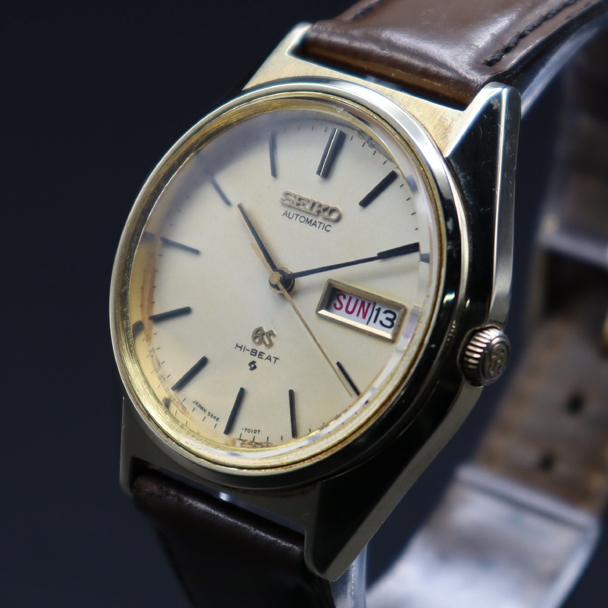 【やや傷や汚れあり】OH済 SEIKO 56GS HI-BEAT グランドセイコー ハイビート 5646-7010 自動巻 1970年 諏訪 GSメダリオン デイデイト SEIKO尾錠 メンズ ...