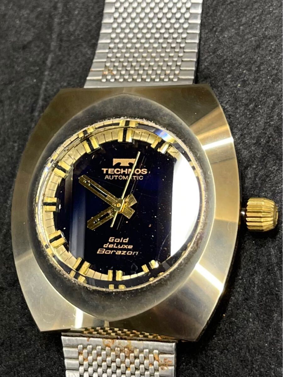 【全体的に状態が悪い】C1★TECHNOS AUTOMATIC Gold deLuxe Borazon 腕時計 テクノス ゴールドデラックス ボラゾン 自動巻き メンズ 黒文字盤 デイト ...