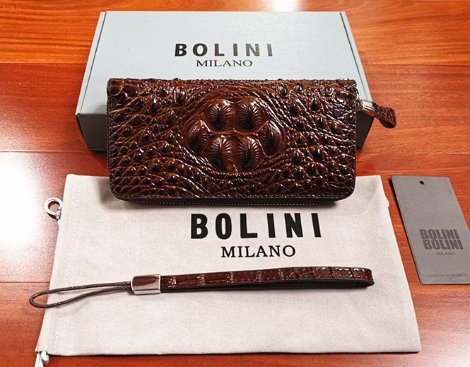 【未使用】逸品*イタリア製※定価15万 イタリア・ミラノ発*BOLINI/ボリニ・最上級牛革・クロコダイル*ラウンドファスナー 長財布・茶色の ...