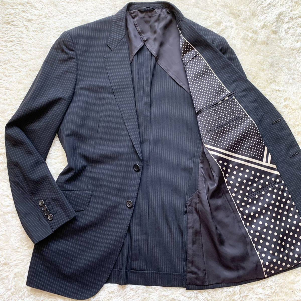 【目立った傷や汚れなし】ポールスミス コレクション【稀有な水玉】Paul Smith COLLECTION テーラードジャケット ブラック 裏地水玉 ドット 2B 背抜き 春夏 大きめ Lの ...