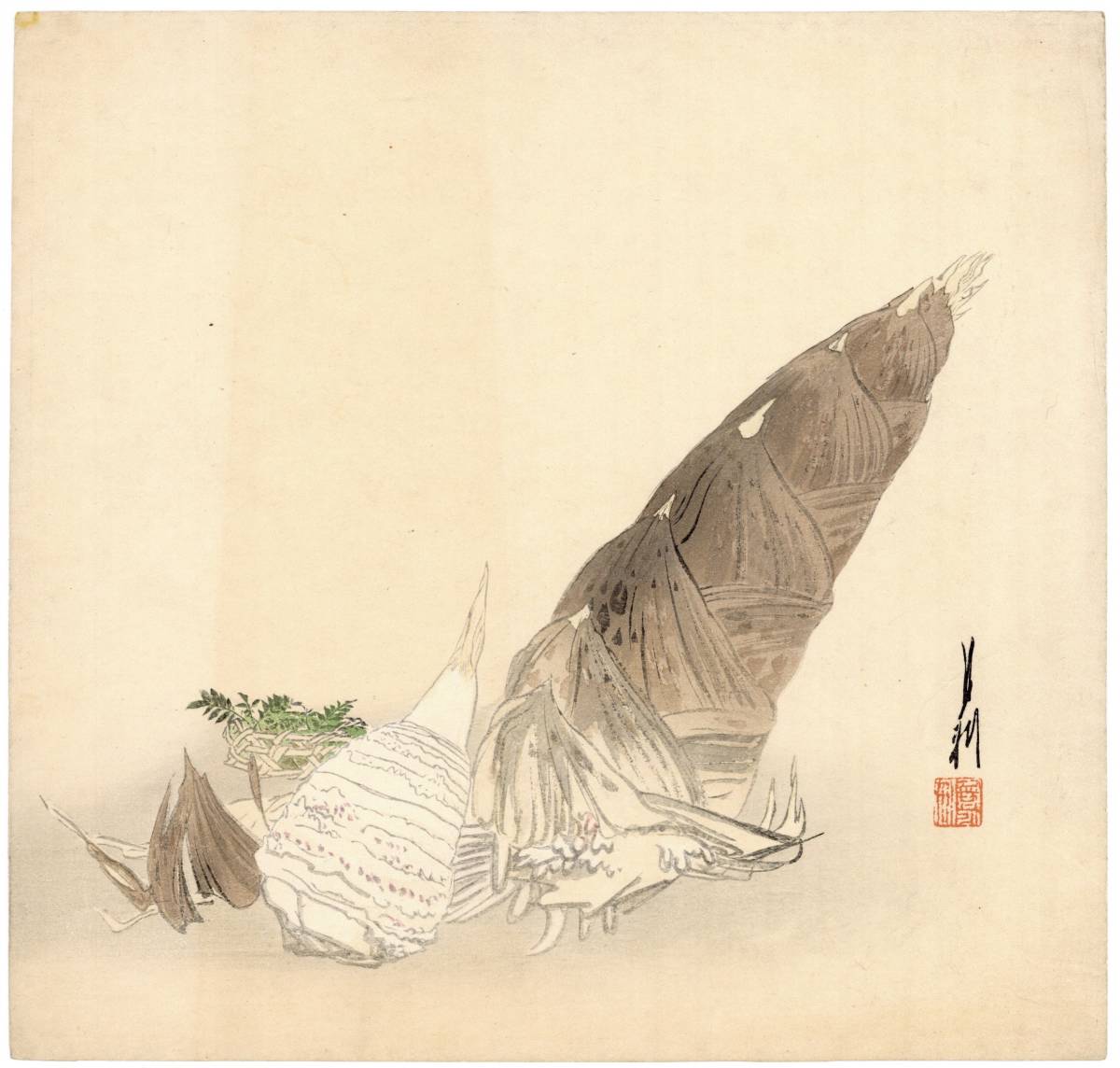 【やや傷や汚れあり】n Lux 月耕 Gekko 本物浮世絵「筍」摺り物 Surimono ボタニカル Botanical Bird
