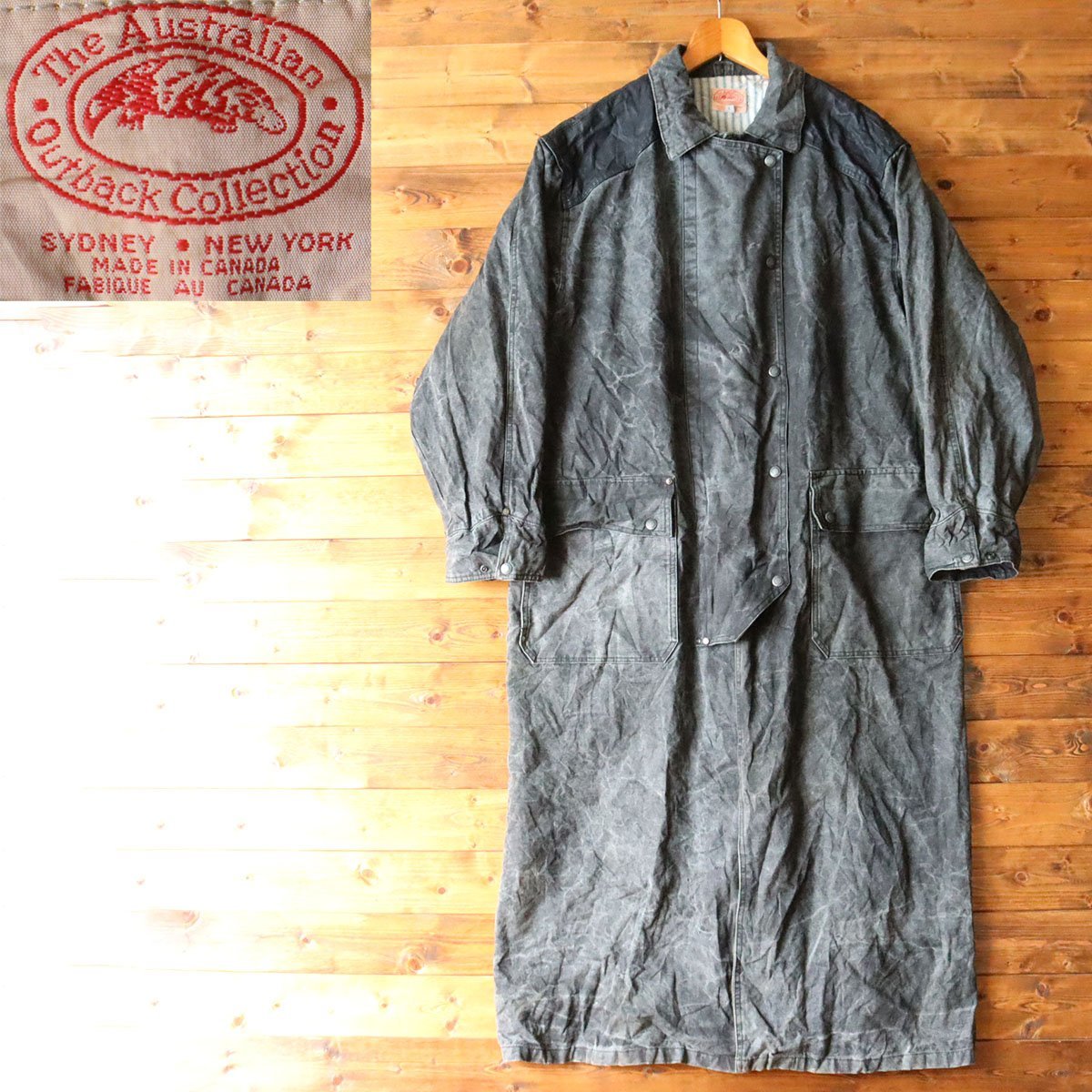 【やや傷や汚れあり】E2/S8.2-2 90s アメリカ古着 The Australian Outback Collection デニムコート ダスターコート メンズ L/G 黒 肩レザー の ...