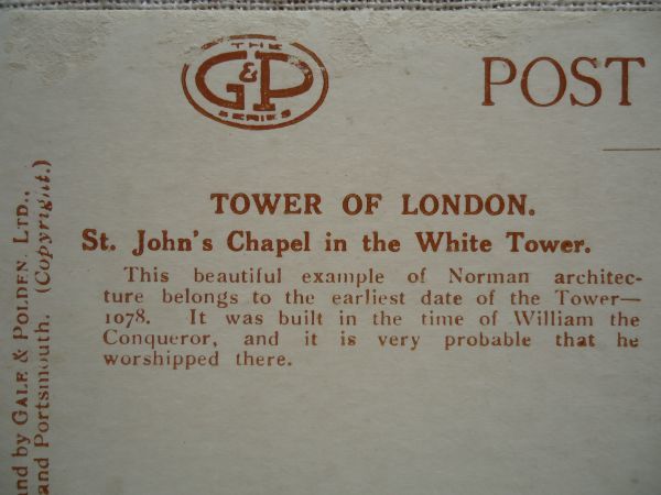 【傷や汚れあり】【絵葉書1枚】 St.John's Chapel in the White Tower 聖ヨハネ教会 /Tower of ...