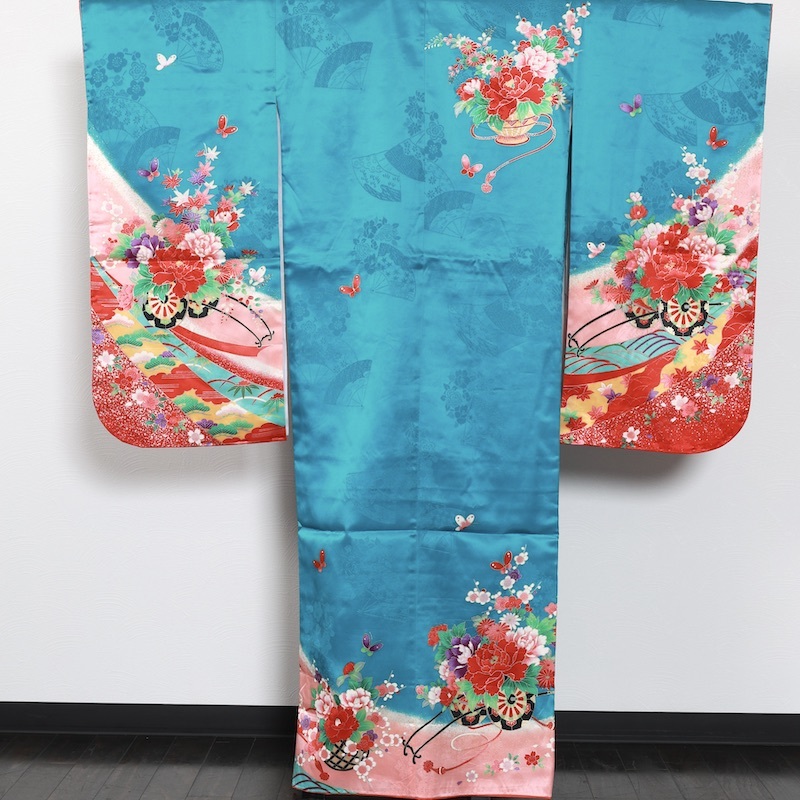 【未使用】女子四ツ身 七五三 753 青 花車 蝶 緞子地 扇 小花 /D03の落札情報詳細 - ヤフオク落札価格検索 オークフリー