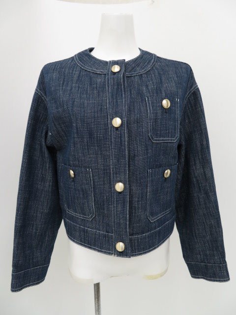 【目立った傷や汚れなし】MaxMara STUDIO マックスマーラー デニムジャケット I34 インディコブルーXホワイト ノーカラー 中古 ...