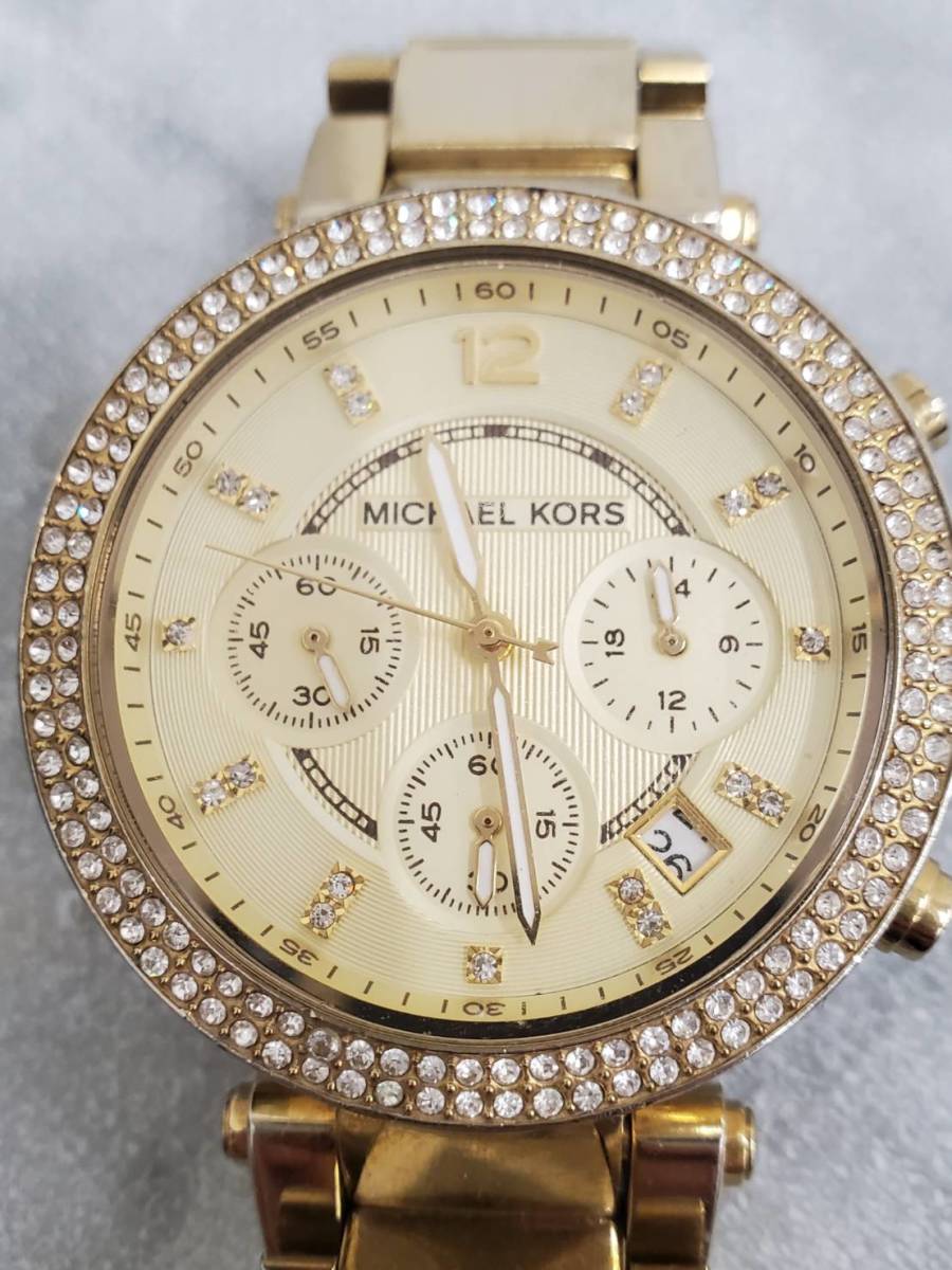 【全体的に状態が悪い】664 MICHAEL KORS マイケルコース 腕時計 MK-5354 レディース ラインストーンベゼル クロノグラフ ...