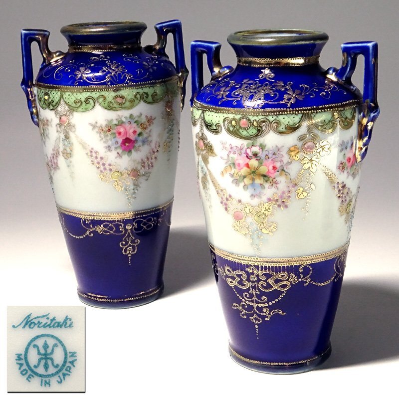 【やや傷や汚れあり】慶應 1908年(明治41年)頃【NORITAKE オールドノリタケ】マルキ印 ファンシーウェア アール・ヌーヴォー様式 金盛・エナメル装飾 花瓶一対の落札情報詳細 ...