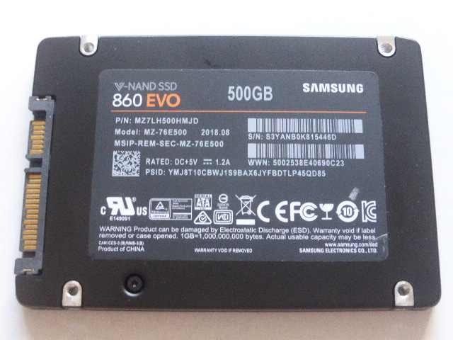 【やや傷や汚れあり】Samsung SSD 860EVO SATA 2.5inch 500GB 電源投入回数82回 使用時間22385時間 正常39%判定 MZ-76E500 正常値低い為 ...