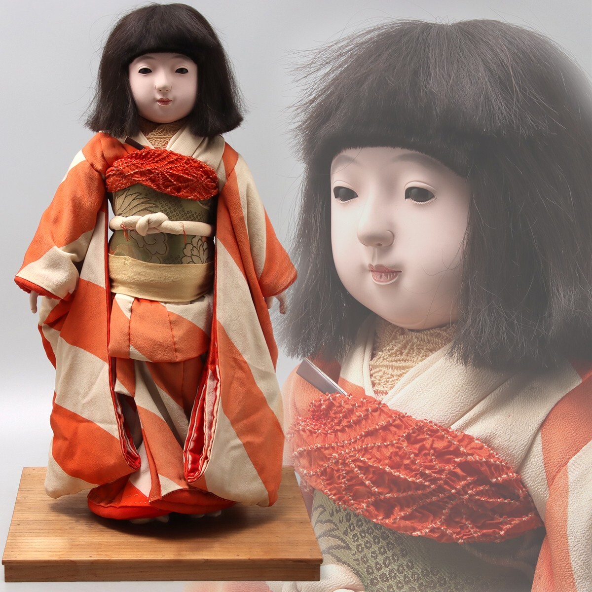 【傷や汚れあり】PG373. 古い市松人形 赤い縞柄着物 女の子 台座 支柱つき人形 体長62cm / 日本人形時代置物の落札情報詳細 ...