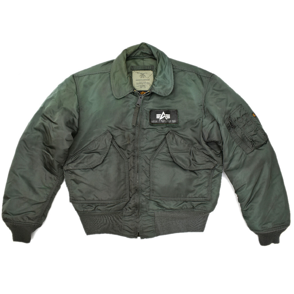 【傷や汚れあり】90s ヴィンテージ USA製 ALPHA INDUSTRIES アルファ CWU-45/P フライトジャケット レザーパッチ オリーブ MIL-J-2323 OA size ...