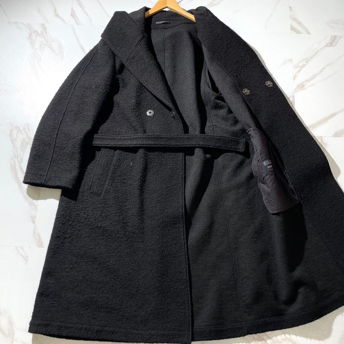 【目立った傷や汚れなし】極美品 22AW Yohji Yamamoto POUR HOMME ベルテッドコート ベルト付 フード付 マキシ ロング ブラック 3 L相当 ヨウジヤマモトプール ...