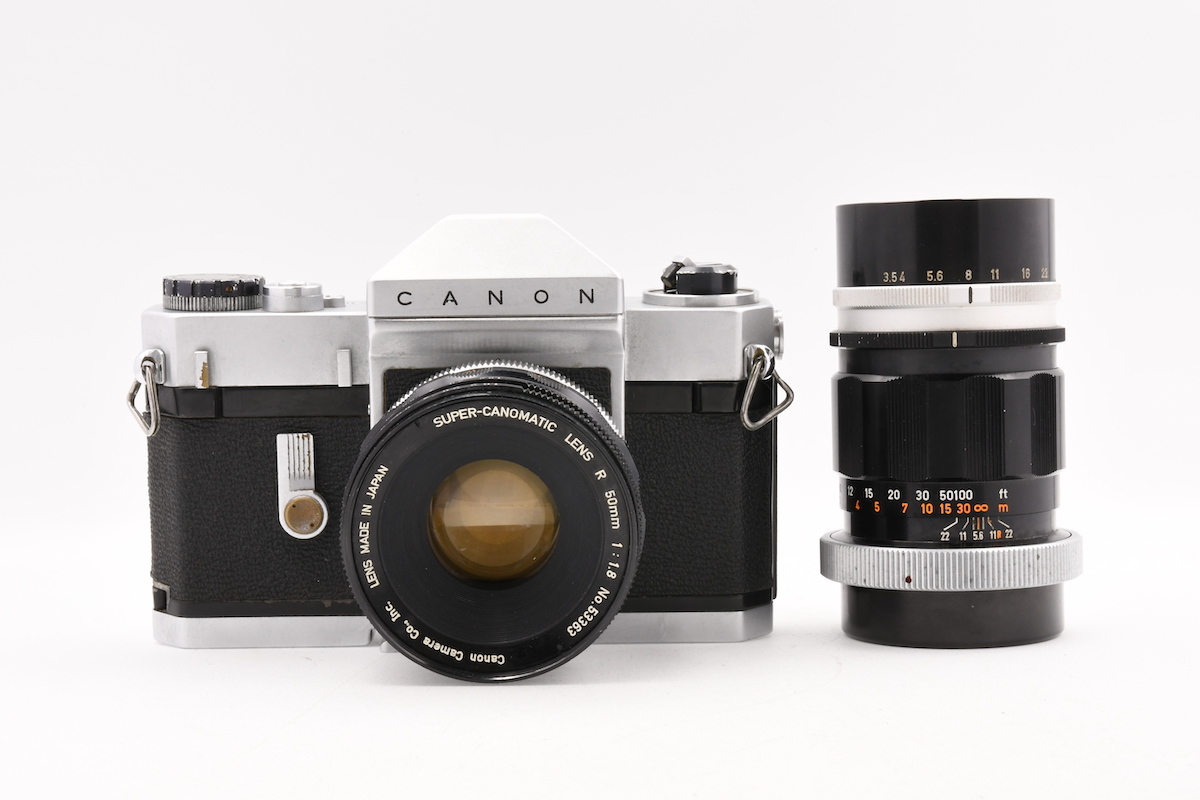 【傷や汚れあり】CANON flex RP + SUPER-CANOMATIC LENS R 50mm F1.8 + 135mm F3.5 キヤノン フィルムカメラ MF一眼レフ 標準 中望遠 ...
