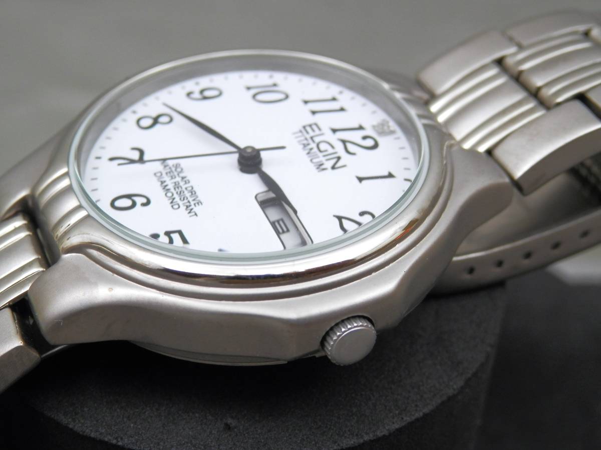 【目立った傷や汚れなし】ELGIN TITANIUM SOLAR DRIVE DIAMOND メンズクォーツ 約74g 稼働現状品 売り切りの ...