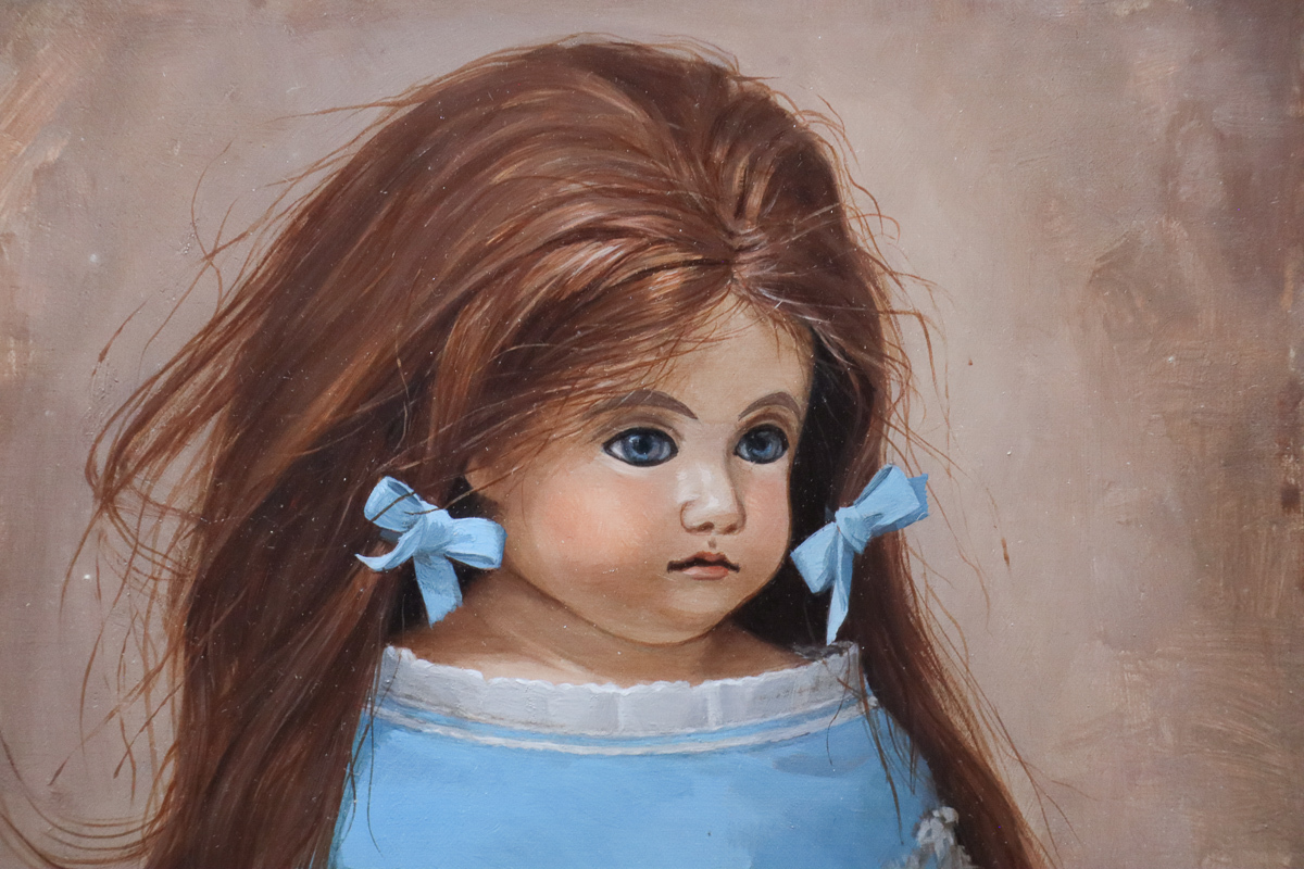【やや傷や汚れあり】【宙】真作保証 伊牟田経正「青いリボンの人形」肉筆油彩6号 共シール タトウ箱付 人形 リアリズム人気画家 日展会員 企業 ...
