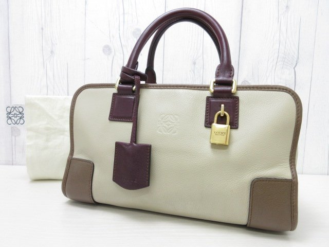 【目立った傷や汚れなし】極美品 LOEWE ロエベ アナグラム アマソナ28 ハンドバッグ バッグ レザー 茶系×ワインレッド 56882の ...