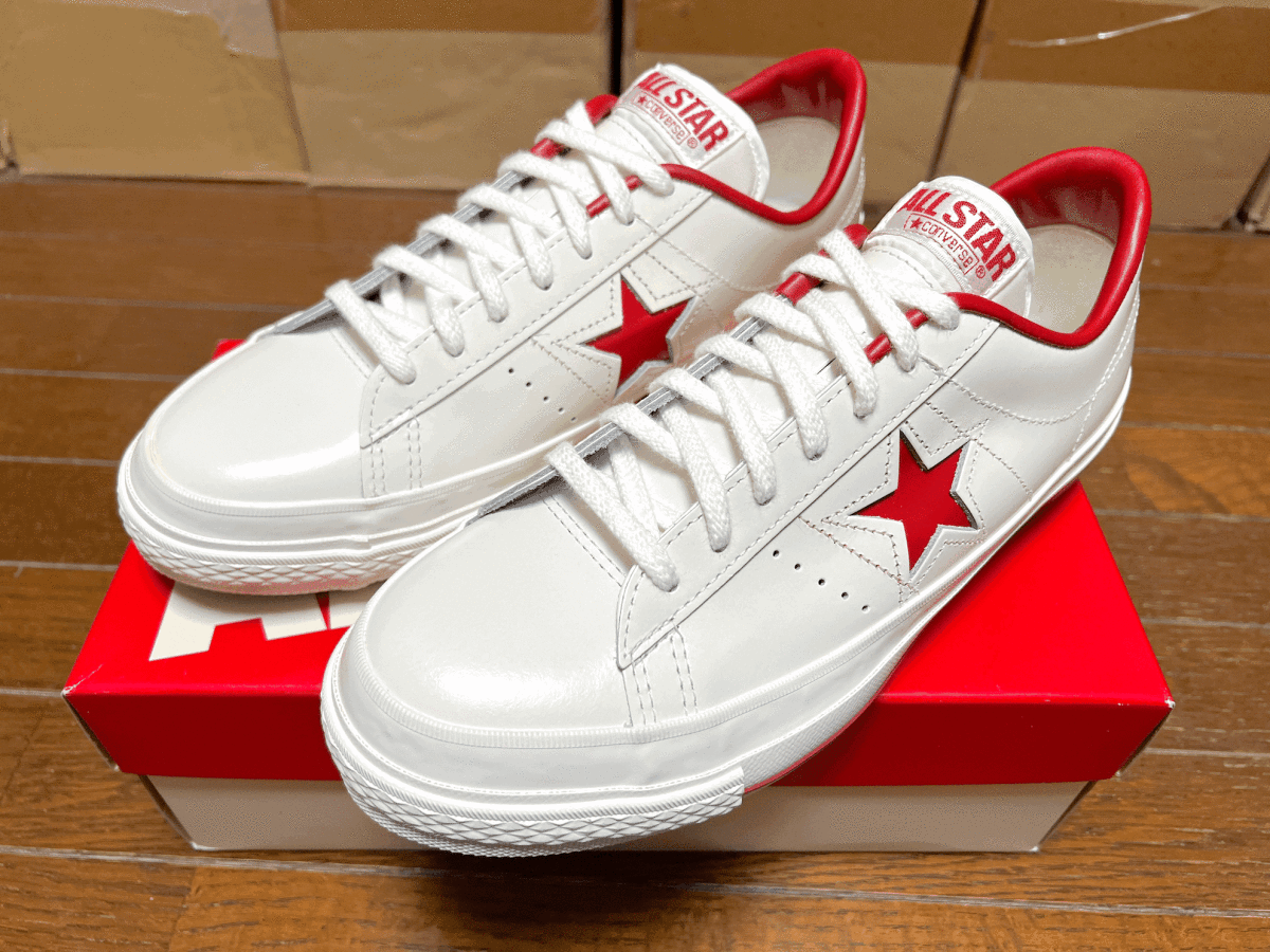 【未使用】送料無料 新品 CONVERSE ONE STAR J WHT/RED ホワイト/レッド US5.5 オールレザー 日本製 ONESTAR ワンスター 白/赤 レディース スニーカー ...