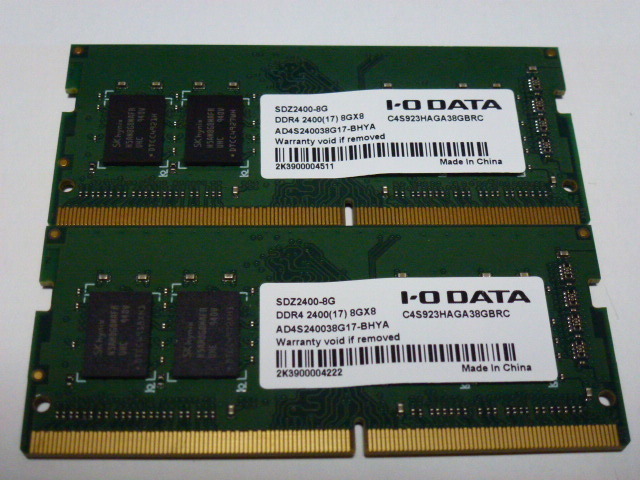 【やや傷や汚れあり】メモリ ノートパソコン用 1.20V I-O DATA SK hynixチップ DDR4-2400 PC4-19200 8GBx2枚 合計16GB 起動確認済みです ...