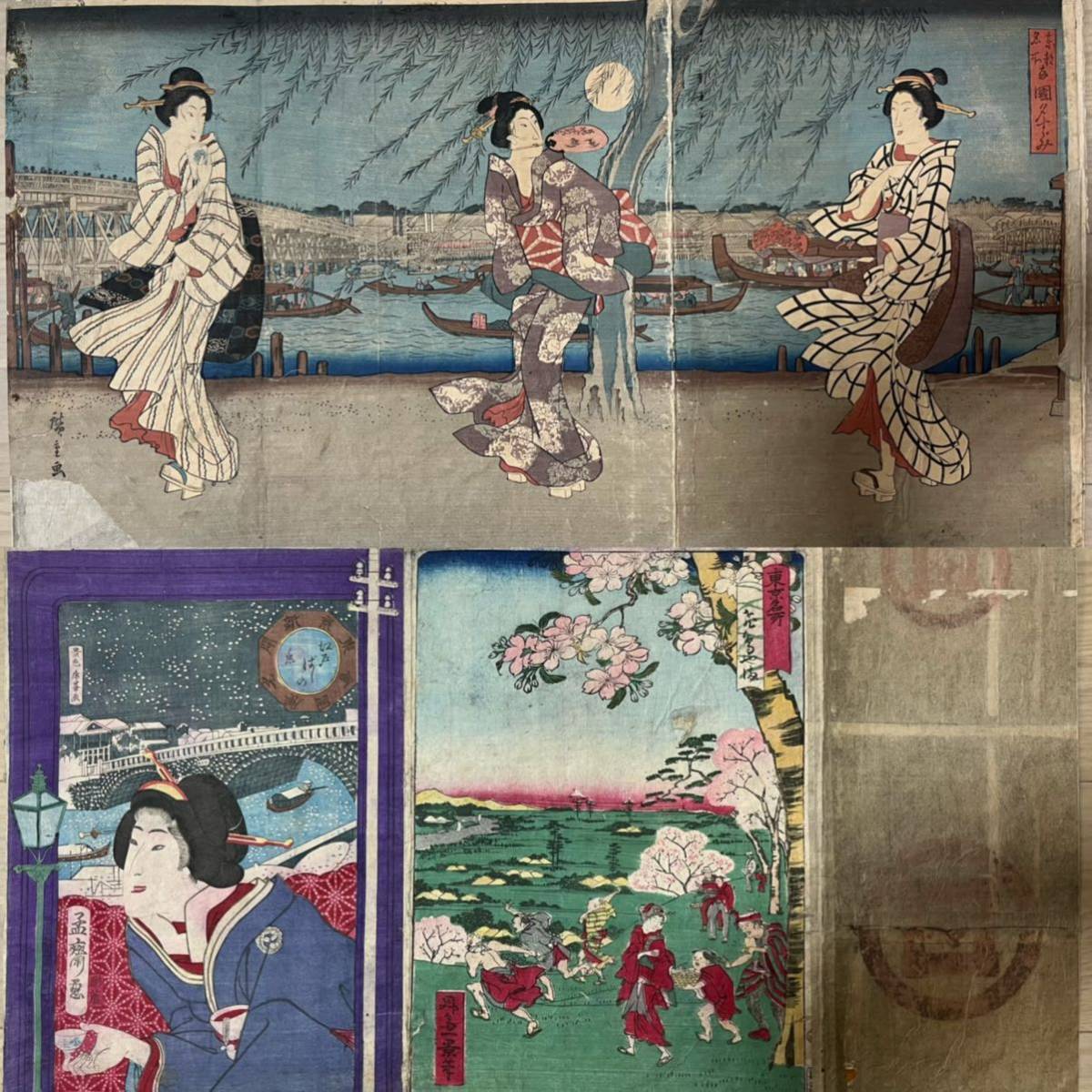 【やや傷や汚れあり】【真作】両面!江戸期 本物浮世絵木版画 歌川広重「東都名所 両国夕すずみ」 美人図 錦絵 三枚続き 裏打ち歌川芳虎 昇斎