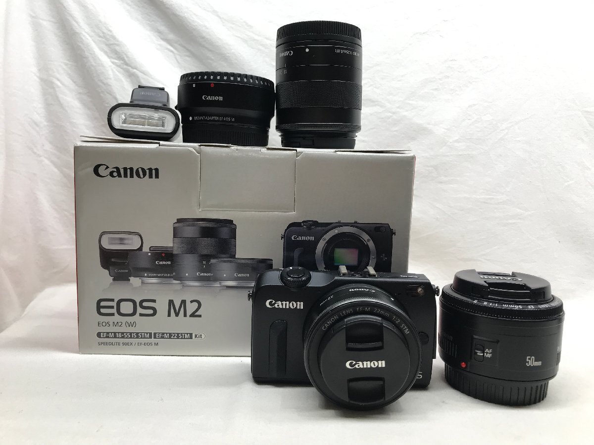 【やや傷や汚れあり】1円～稼動品 Canon キャノン EOS M2 EM-M 18-55 IS STM EF-M 22 STM Kit SPEEDLITE 90EX Canon レンズおまけ ...