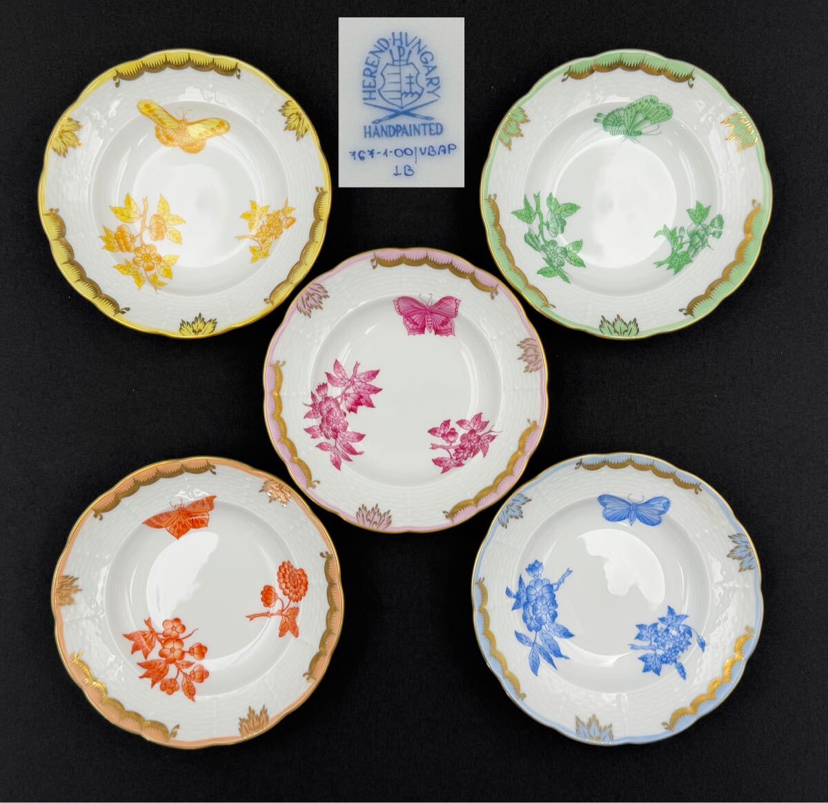 【目立った傷や汚れなし】AZ-174 HEREND HVNGARY ヘレンドハンガリー 金彩 蝶 花柄 5色 小皿 5枚 フルーツボウル イエロー グリーン ピンク オレンジ ブルー 美品の ...