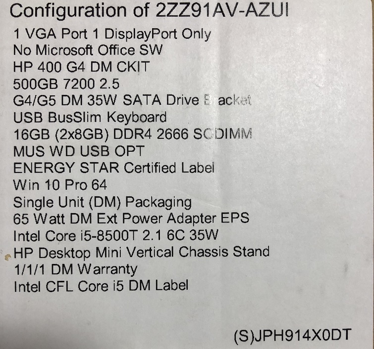 【目立った傷や汚れなし】【中古】HP DeskPro 400 G4 DM Core i5-8500T 2.1GHz 6コア HDD 500GB ...