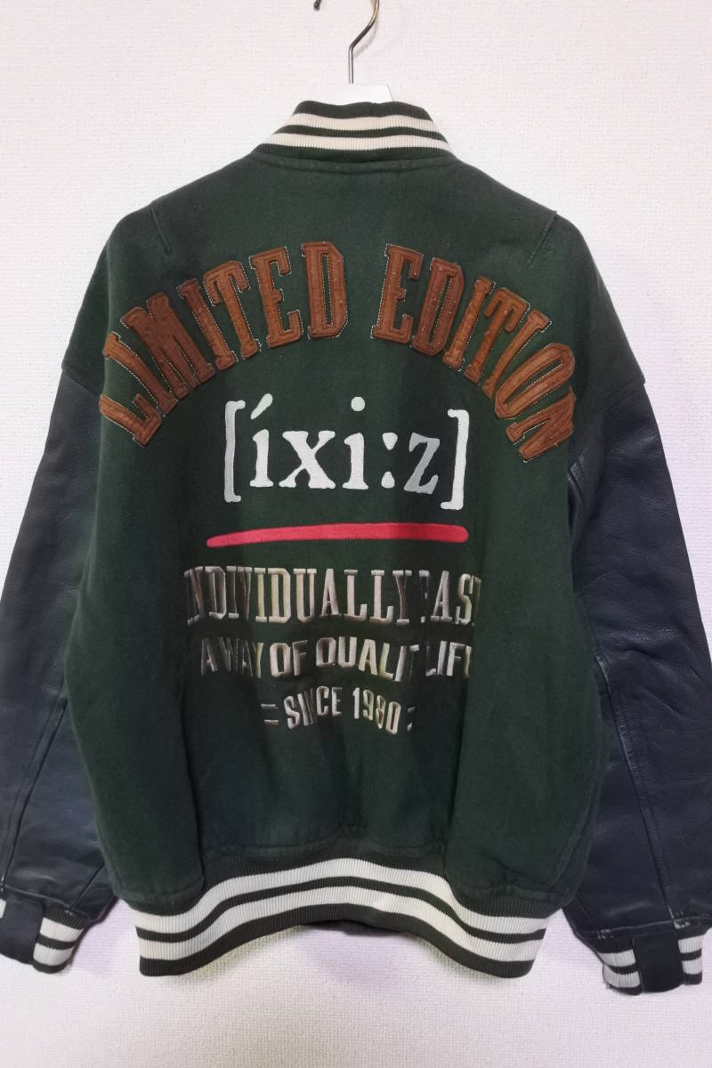 【傷や汚れあり】ixiz LIMITED EDITION イクシーズ 袖革スタジャン 牛革 レザー size L 緑 グリーン 刺繍 ワッペン ...