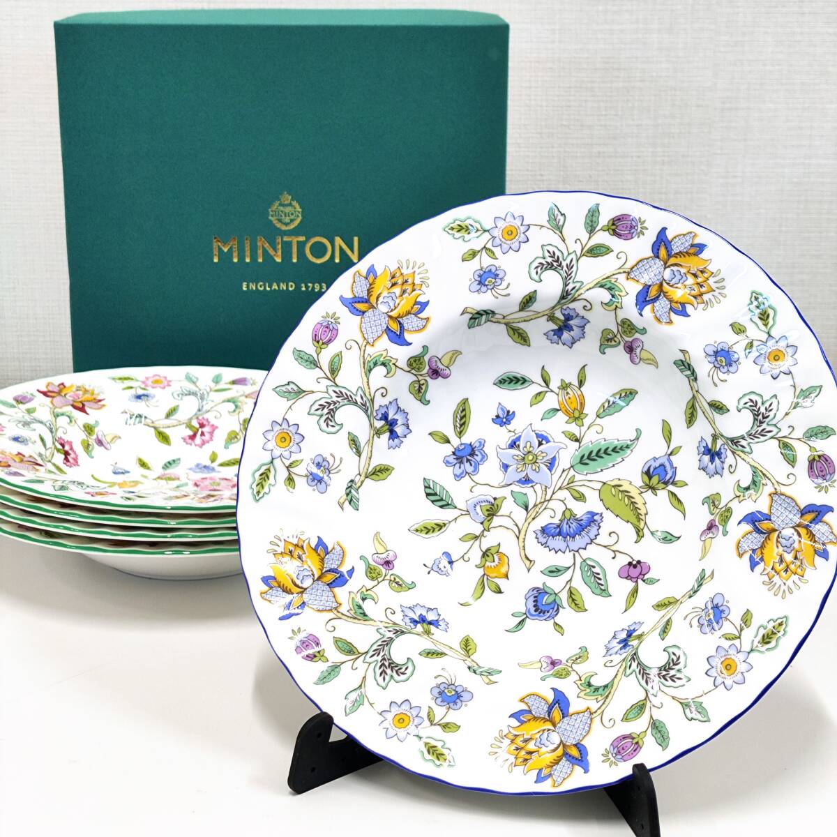 【やや傷や汚れあり】⑲【保管品☆MINTON】ミントン ハドンホール(HADDON HALL) ブルー1客 グリーン4客 スーププレート 皿 ...