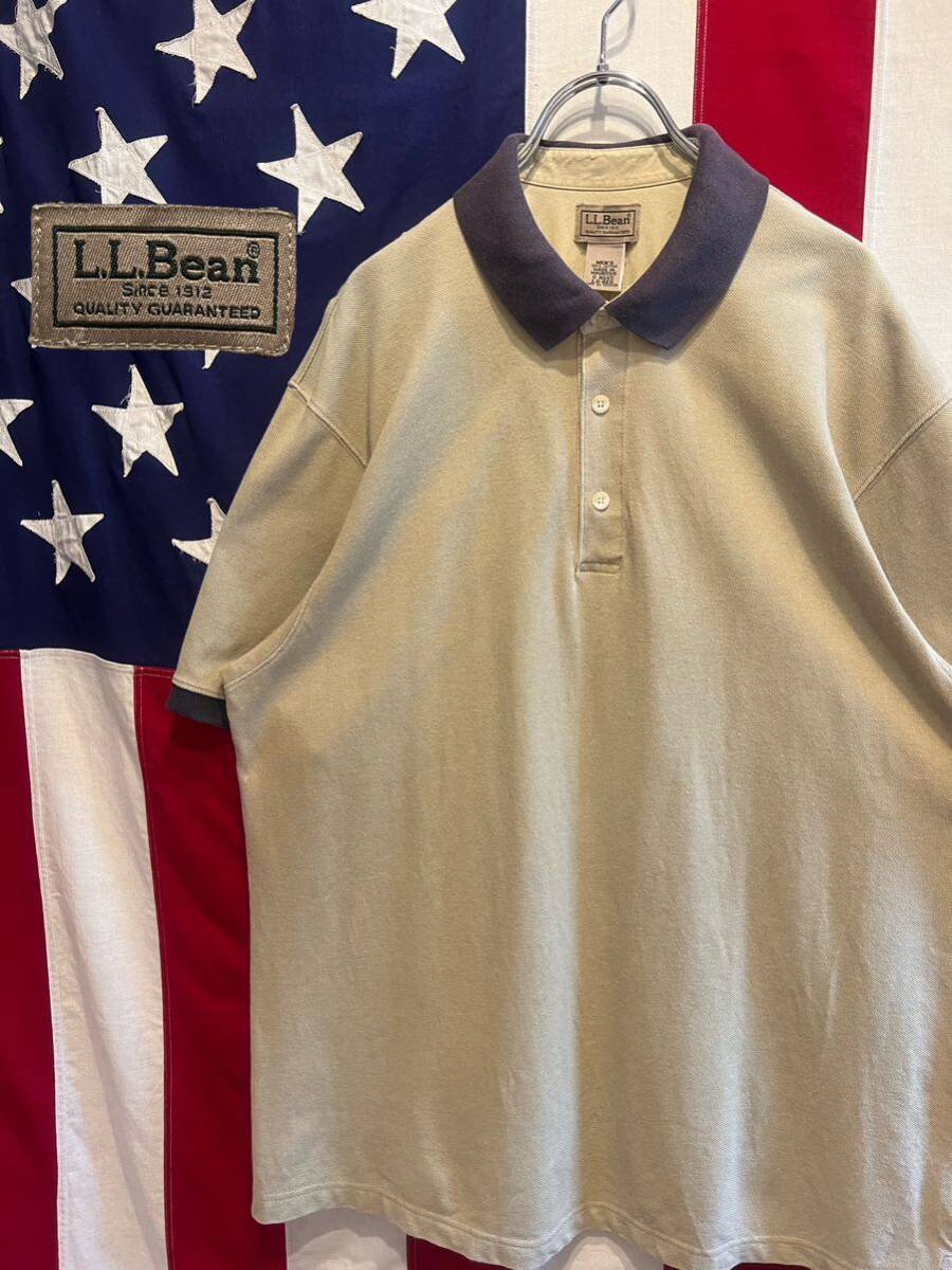 【傷や汚れあり】★00s★モーリシャス製★L.L.Bean★エルエルビーン★半袖ポロシャツ★鹿の子★綿100%★バイカラー★ベージュ×ネイビー ...