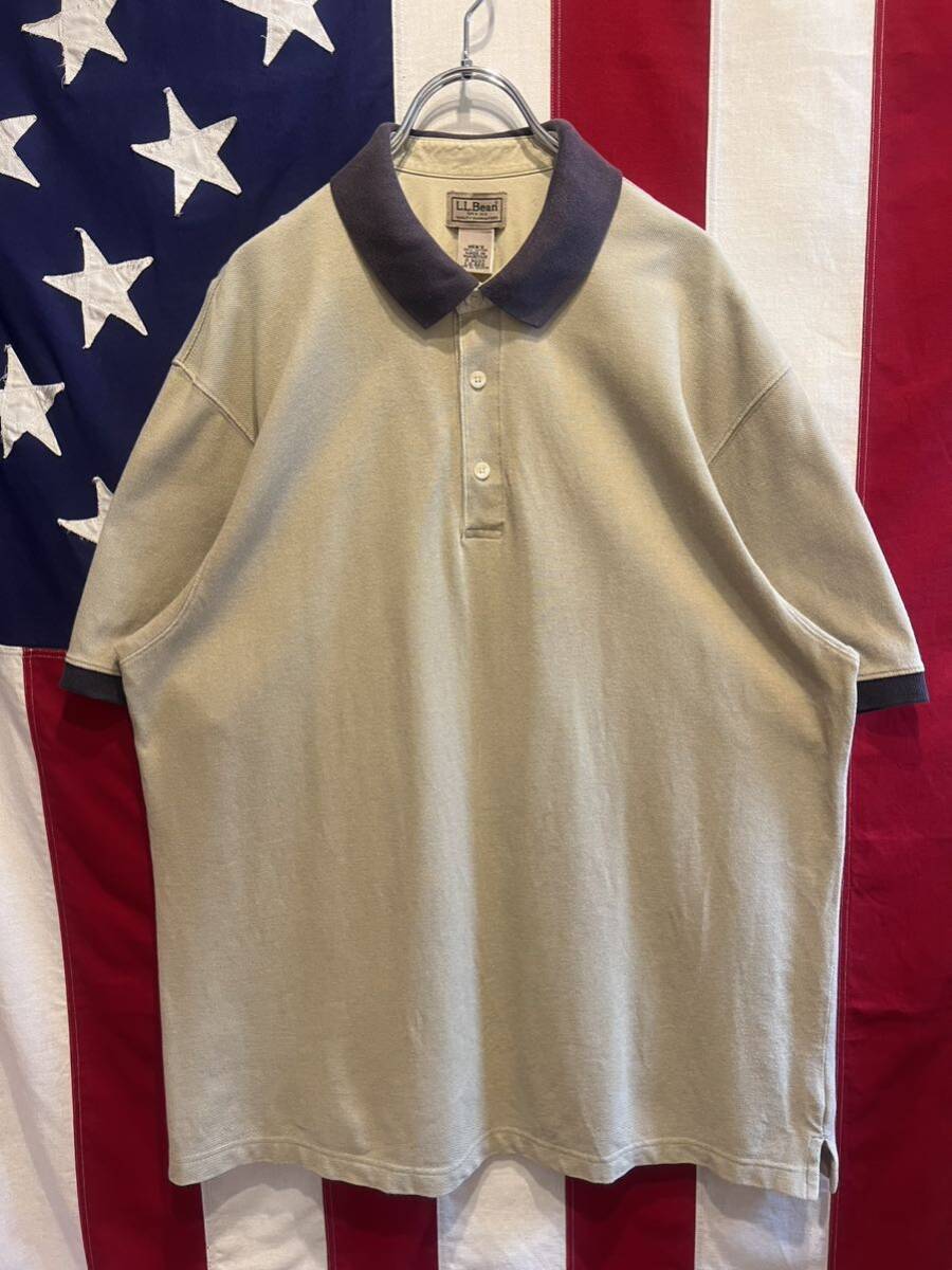 【傷や汚れあり】★00s★モーリシャス製★L.L.Bean★エルエルビーン★半袖ポロシャツ★鹿の子★綿100%★バイカラー★ベージュ×ネイビー ...