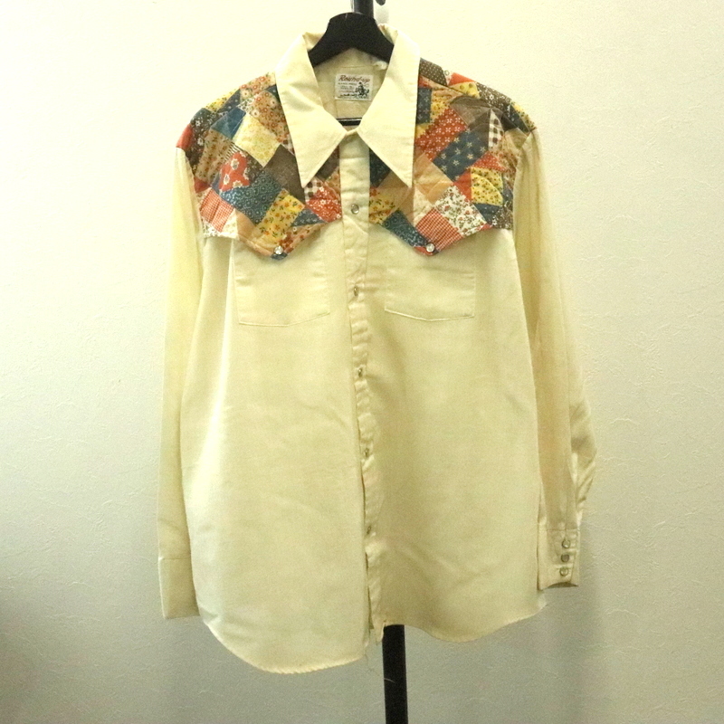 【傷や汚れあり】U693 70sビンテージ Roundup 長袖シャツ USA製 1970年代製 表記XLサイズ ウエスタン アイボリー ...