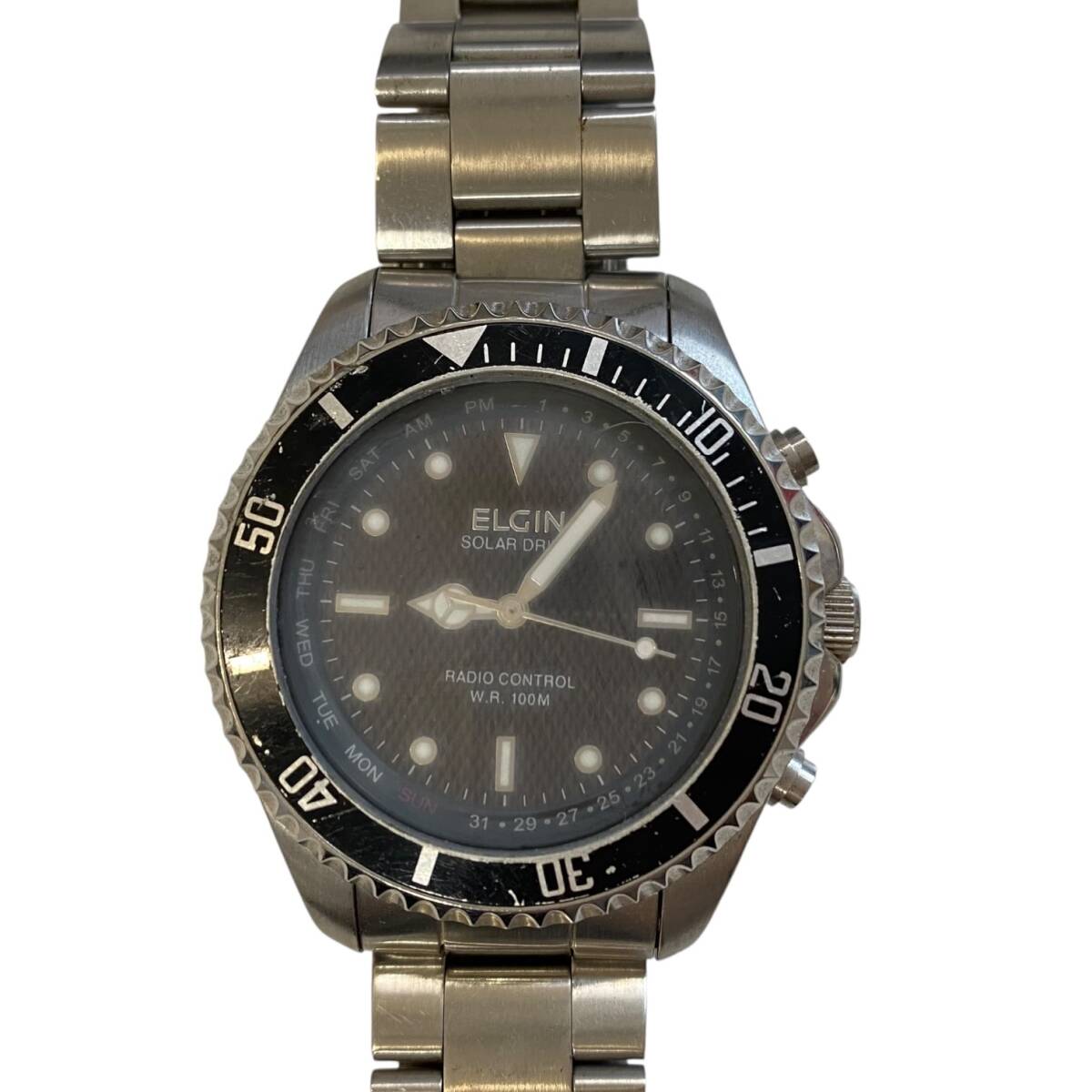 【やや傷や汚れあり】【中古品】ELGIN エルジン FK-1253-AP 文字盤ブラック 電波時計 ソーラー メンズ腕時計 箱無し 本体のみ ...