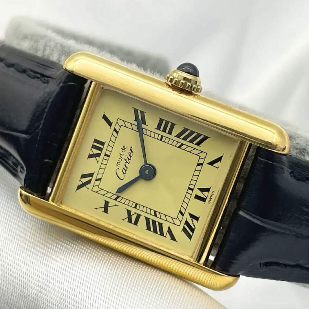 【目立った傷や汚れなし】T831 分解整備・磨き済 Cartier カルティエ ヴェルメイユ マストタンクSM アイボリー文字盤×黒ストラップ ...
