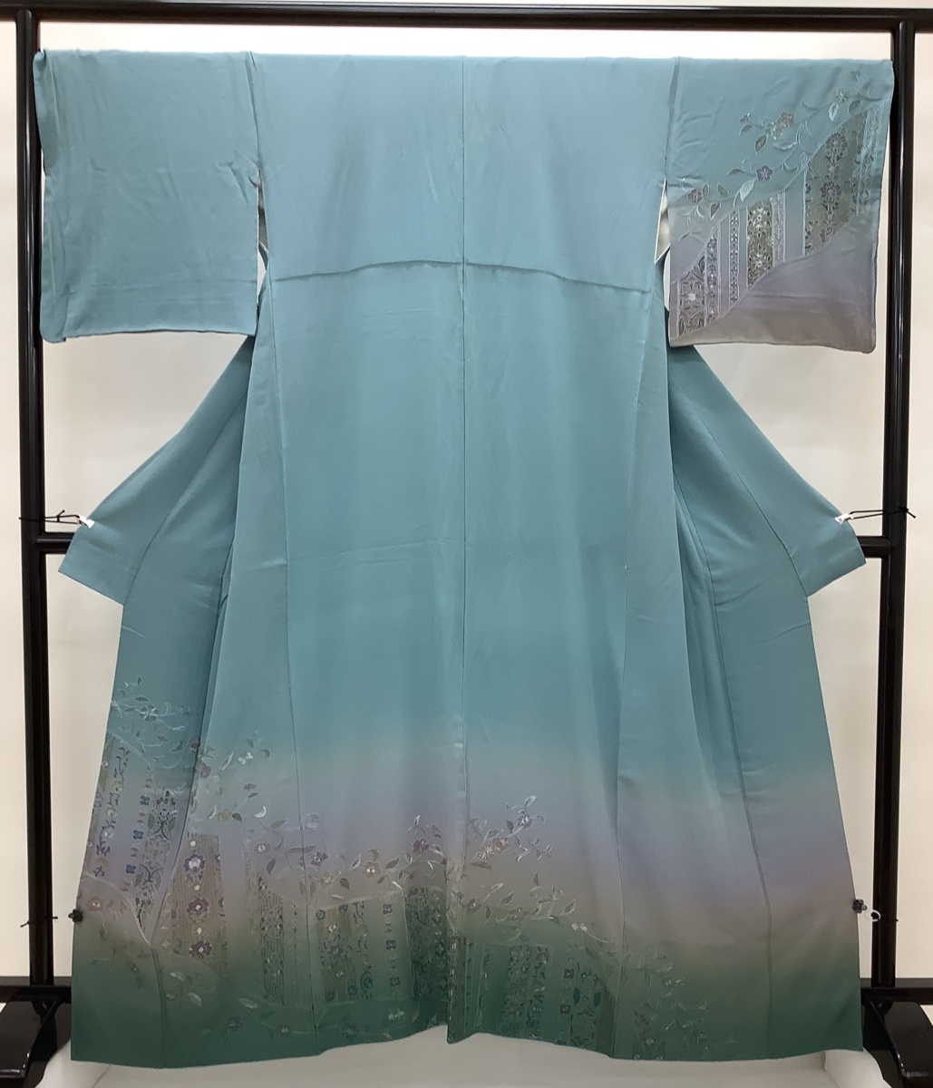 きものcocon★訪問着★身丈161.5/裄71/正絹/緑系/スワトウ刺繍/汕頭刺繍【6-25-3K-1473-g】の落札情報詳細 - Yahoo!オークション落札価格検索 オークフリー