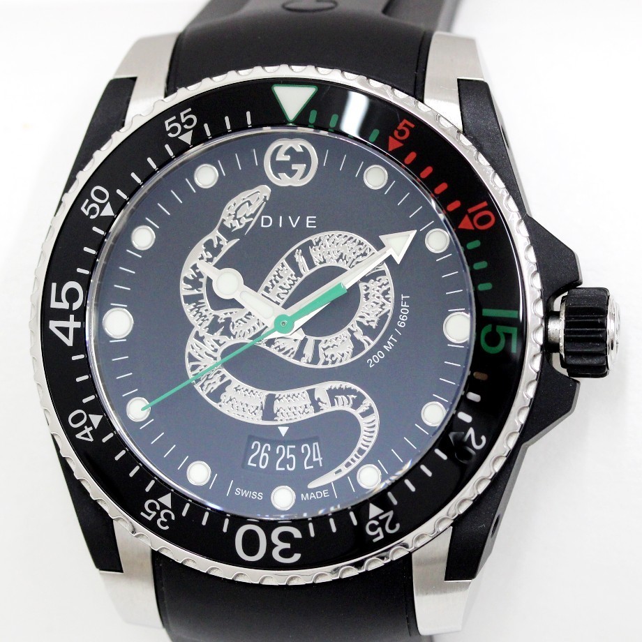 【目立った傷や汚れなし】グッチ GUCCI 腕時計 ウォッチ DIVE YA136323 ダイブ ダイヴ スネーク ヘビ クォーツ 3針 ...