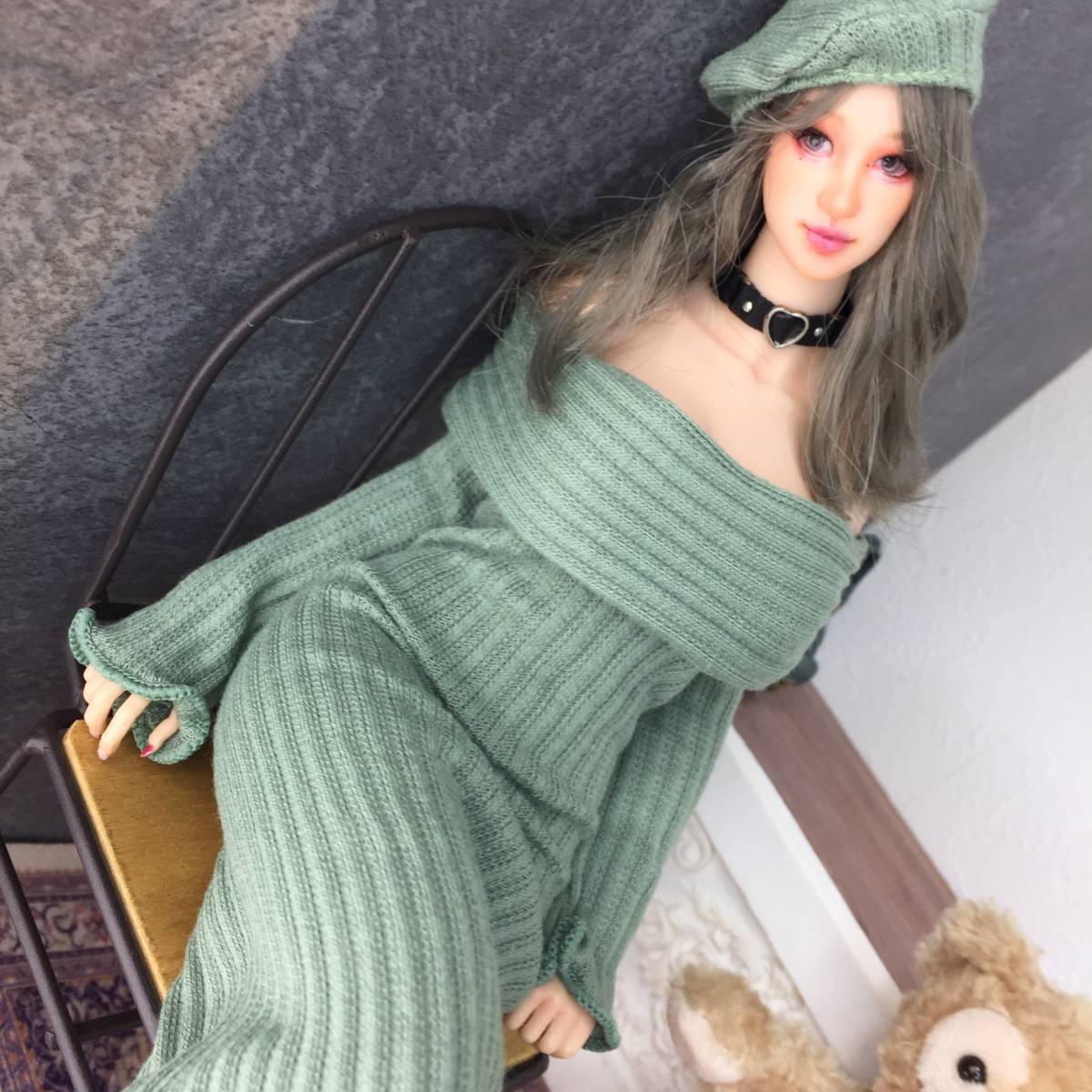 【未使用】TBLeague S42/S43対応サイズ グリーン色リブニットロングワンピースと帽子2点セット 1/6outfit人形用洋服 の ...