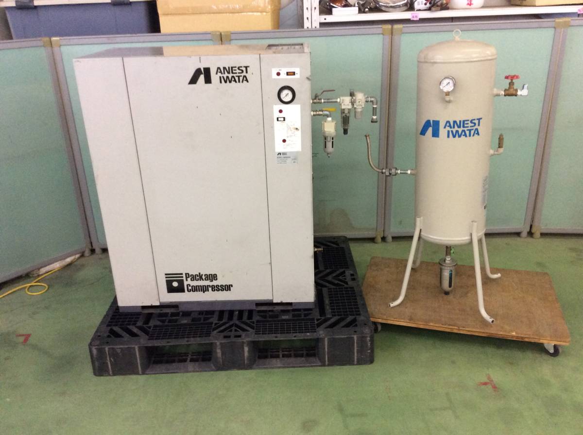 【傷や汚れあり】【RH-4350】中古品 アネスト岩田 パッケージコンプレッサー CLP22EF-8.5D 3馬力 三相200V 60Hz 空気タンク SAT-60C-100【引き取り限定】の ...