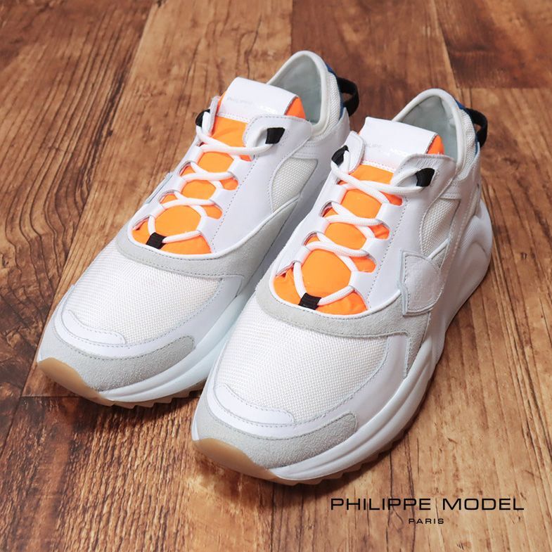【未使用】1円/PHILIPPE MODEL/42(27-27.5cm)/訳 イタリー製スニーカー EZE WP レザー＆ファブリック 高級 シューズ 新品/白×オレンジ/ic655/の落札 ...
