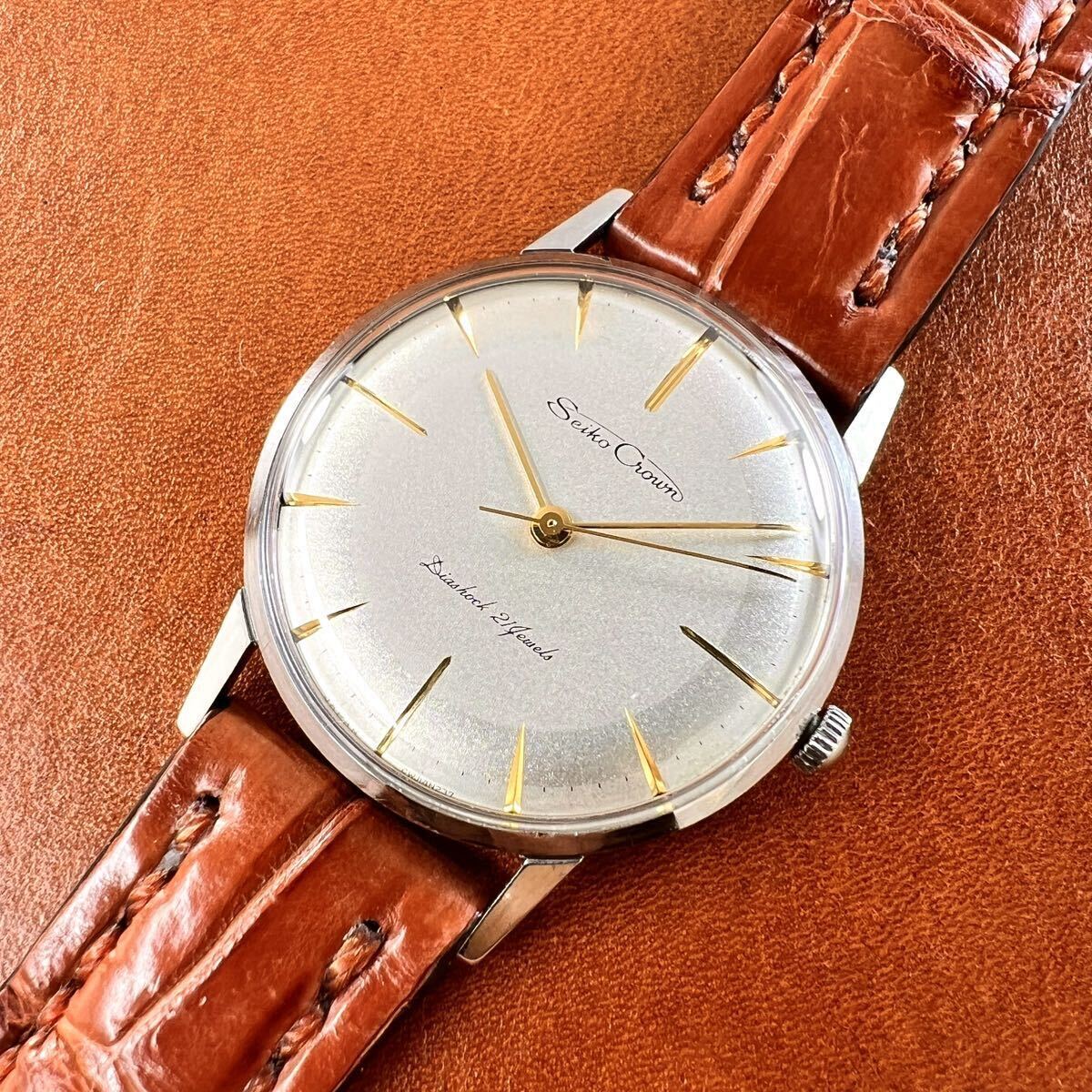 【目立った傷や汚れなし】OH済! 極上美品! SEIKO Crown 21石 クロコダイル本革手縫いベルト セイコー クラウン J14036 SS 変わり文字盤 手巻 国産 ビンテージ 腕時計 ...