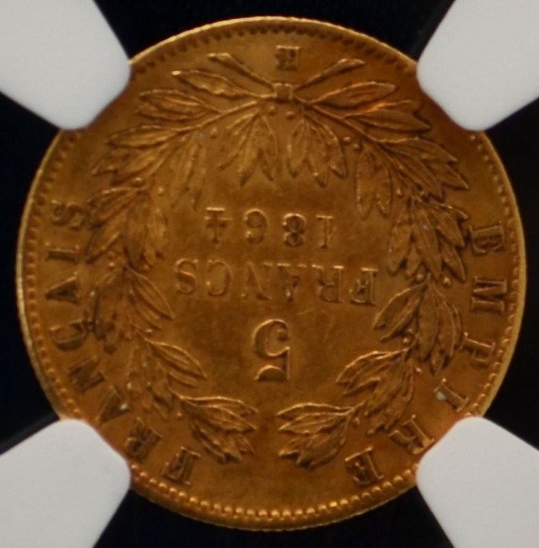 【未使用に近い】【NGC 同グレード、世界にこの1枚だけ】1864年 BB フランス ナポレオン3世 有冠 金貨 5フラン AU55 NGC ...