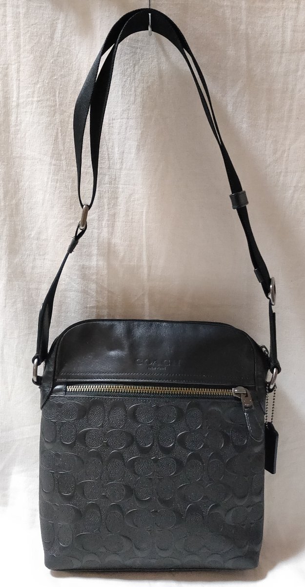 【目立った傷や汚れなし】美品 ★COACH コーチ★ F73338 レザー×PVC スクエア型 ショルダーバッグ シグネチャー ブラック ...